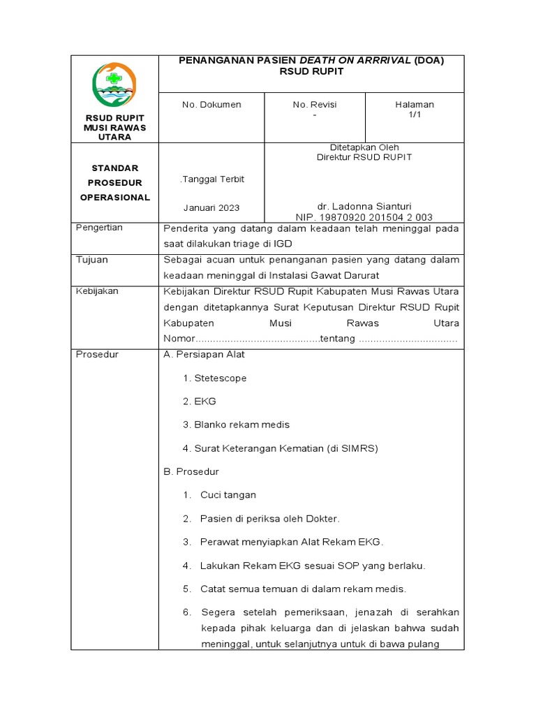 Sop Penanganan Pasien DOA | PDF