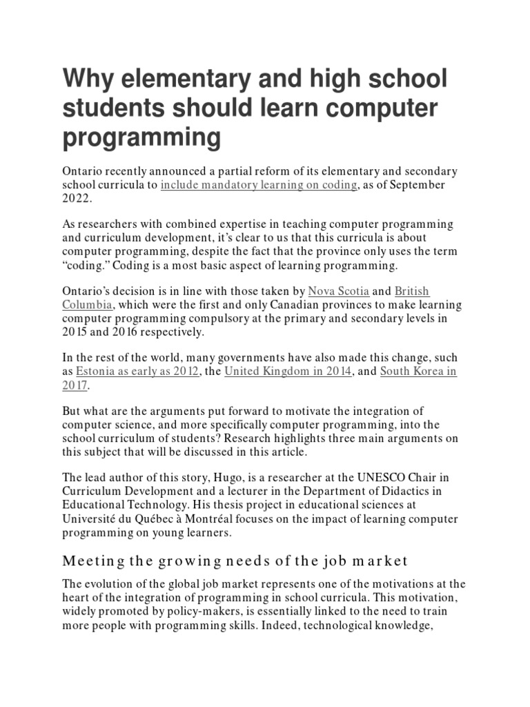Why Elementary and High School Students Should Learn Computer Programming | PDF | Curriculum ...