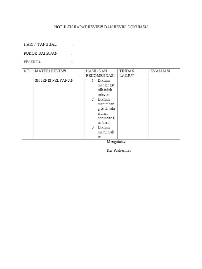 Form Notulen Rapat Review Dan Revisi Dokumen | PDF