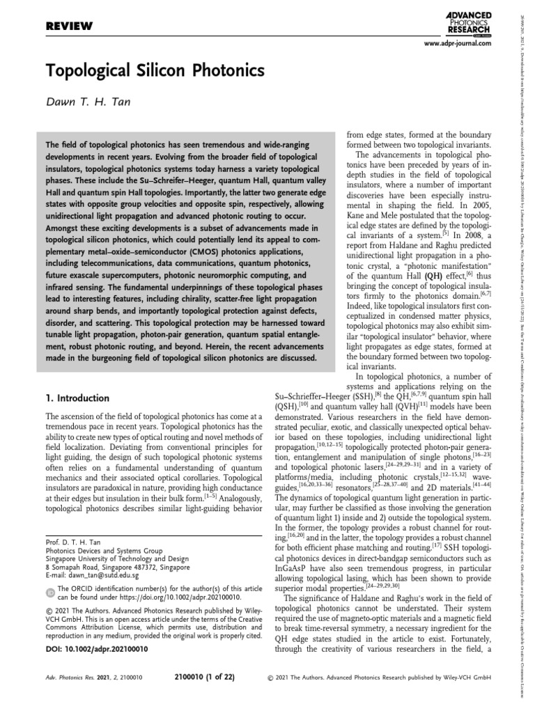 Advanced Photonics Research - 2021 - Prof Dawn Tan - Topological Silicon Photonics | PDF ...