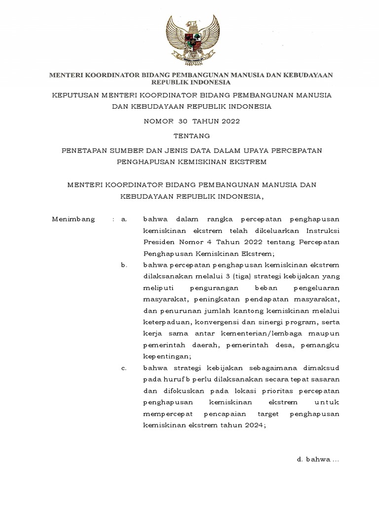 Kepmenko 30 2022 Sumber Dan Jenis Data PKE | PDF