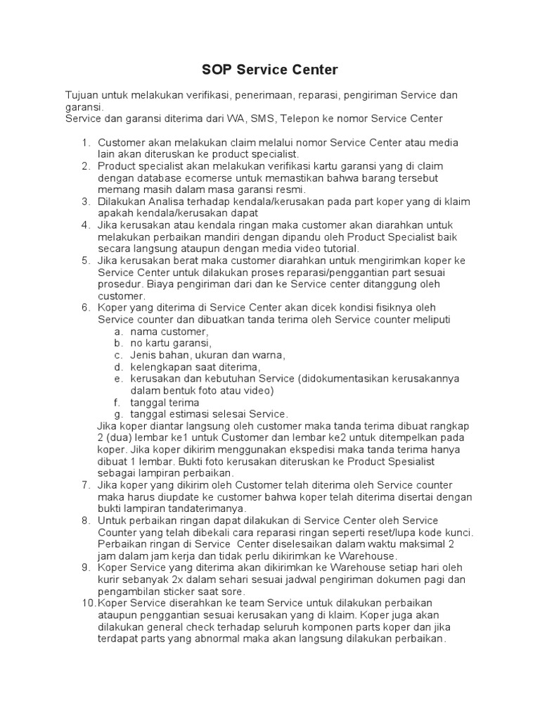 SOP Layanan Service Center Koper | PDF | Bisnis | Pengelolaan Keuangan ...