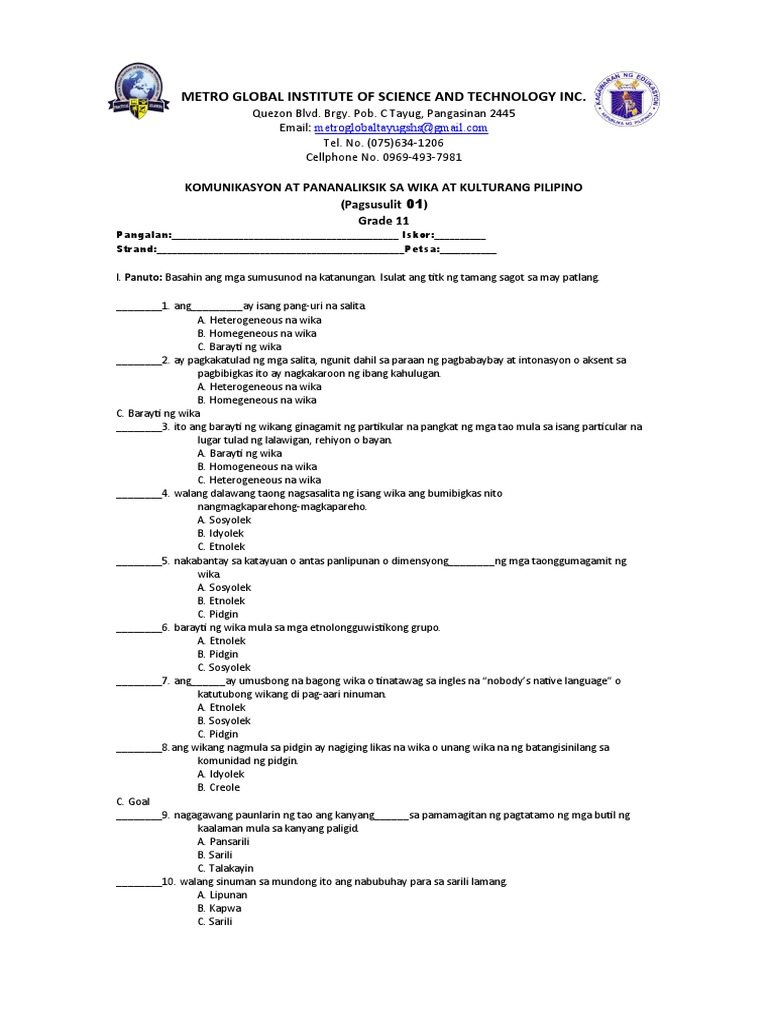 Ben Filipino Komunikasyon Grade 11. Quiz | PDF