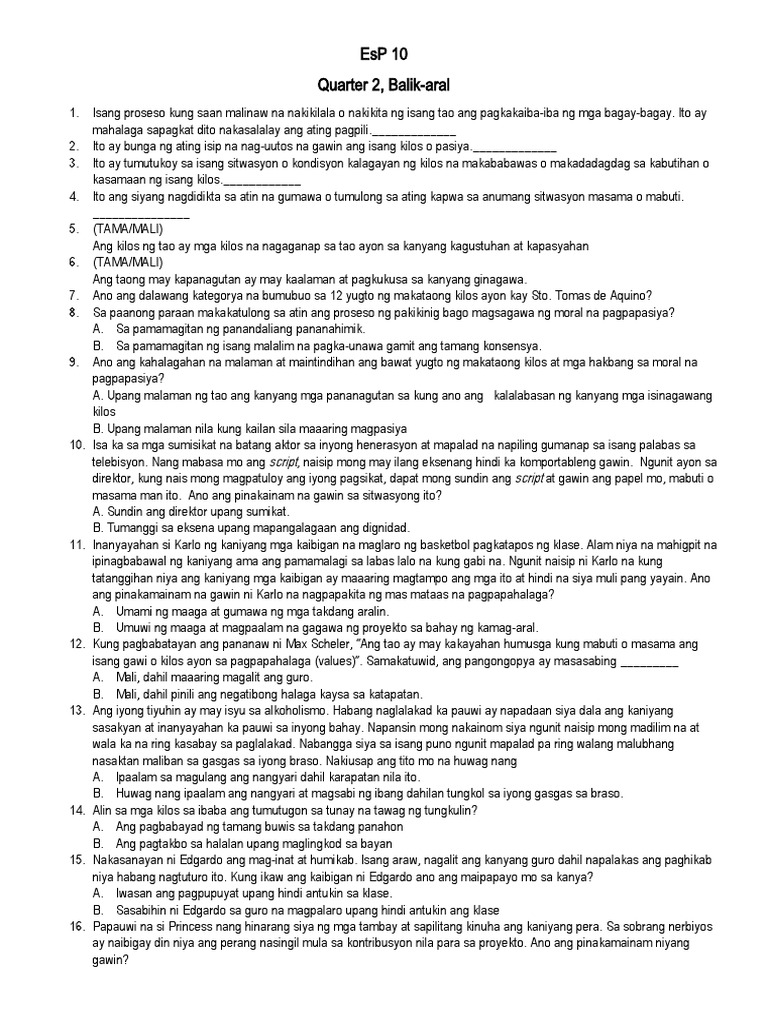 EsP 10, Quarter 2 Reviewer | PDF