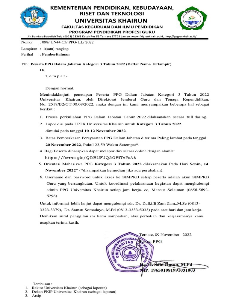 Surat Pemanggilan Peserta Ppg Kategori 3 | PDF