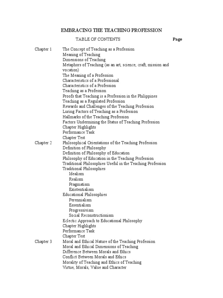 Table of Contents Embracing The Teaching Profession | PDF | Philosophy ...