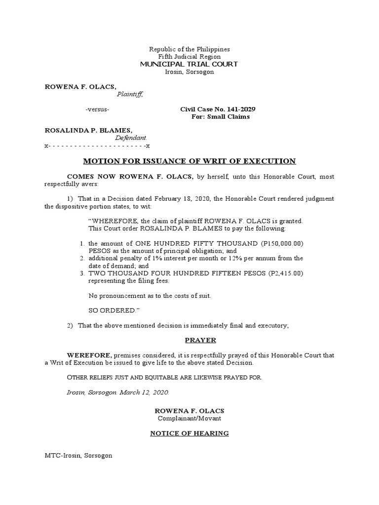 Motion For Issuance of Writ of Execution | PDF | Lawsuit | Courts