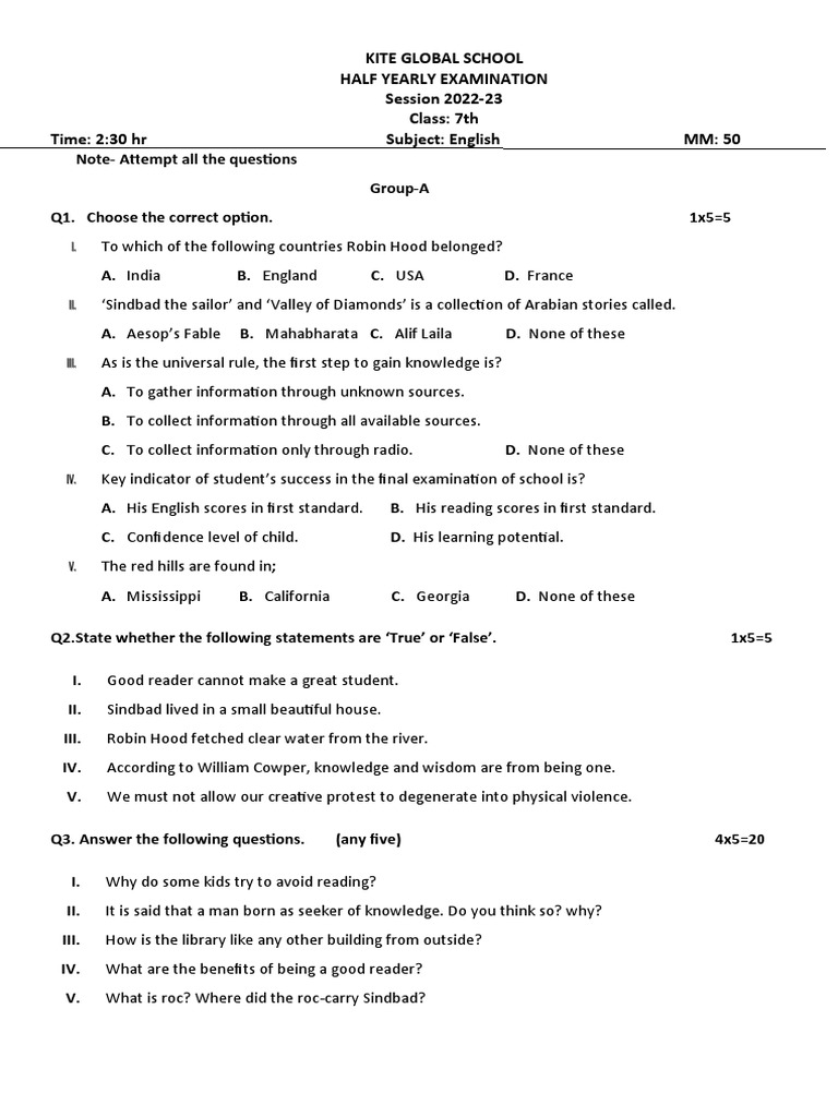 Class 7th English | PDF