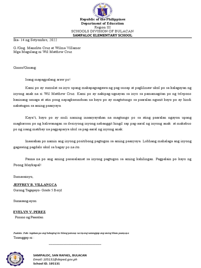 Letter Patawag Magulang | PDF