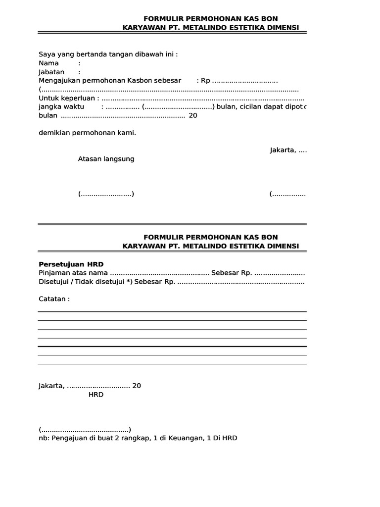 Formulir Permohonan Kas Bon Karyawan | PDF | Griya & Taman