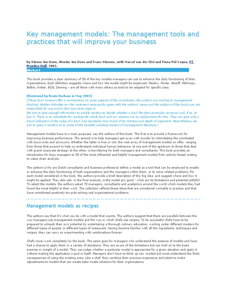 Key Management Models | Download Free PDF | Swot Analysis | Scenario ...