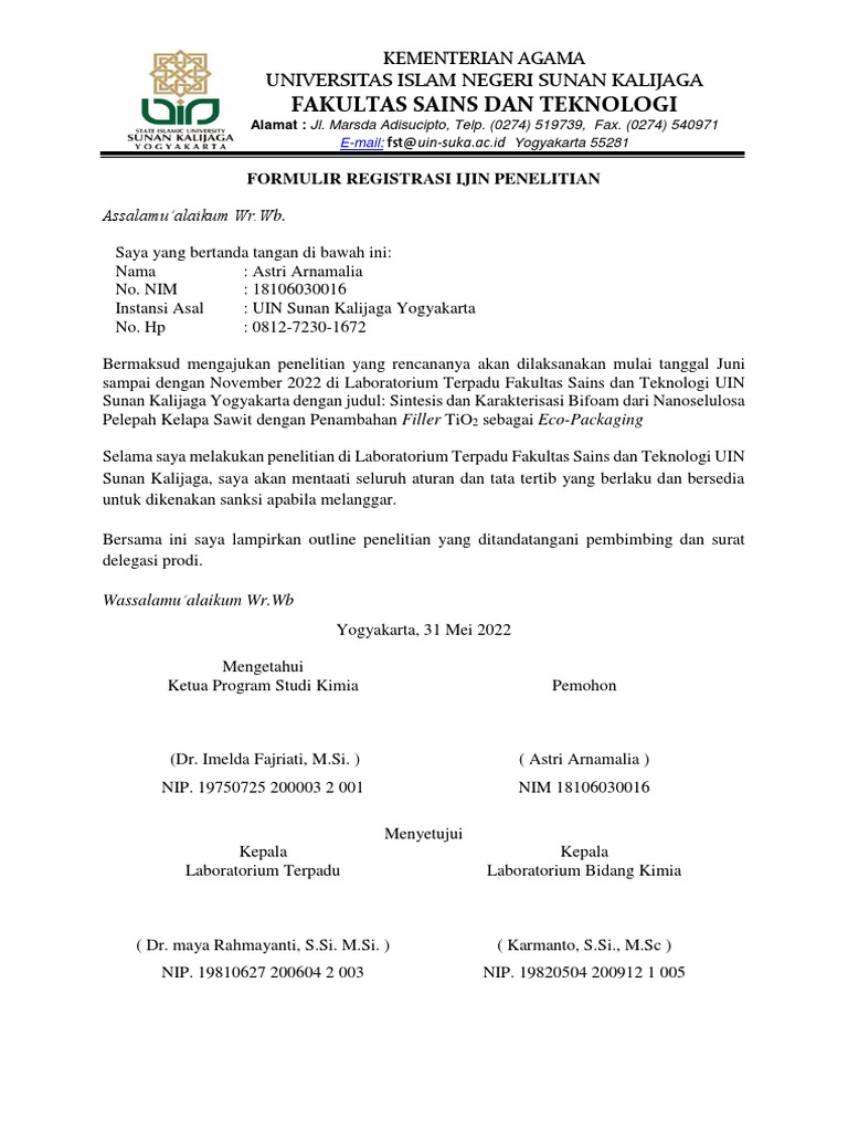 Surat Permohonan Penelitian Lab-1 | PDF