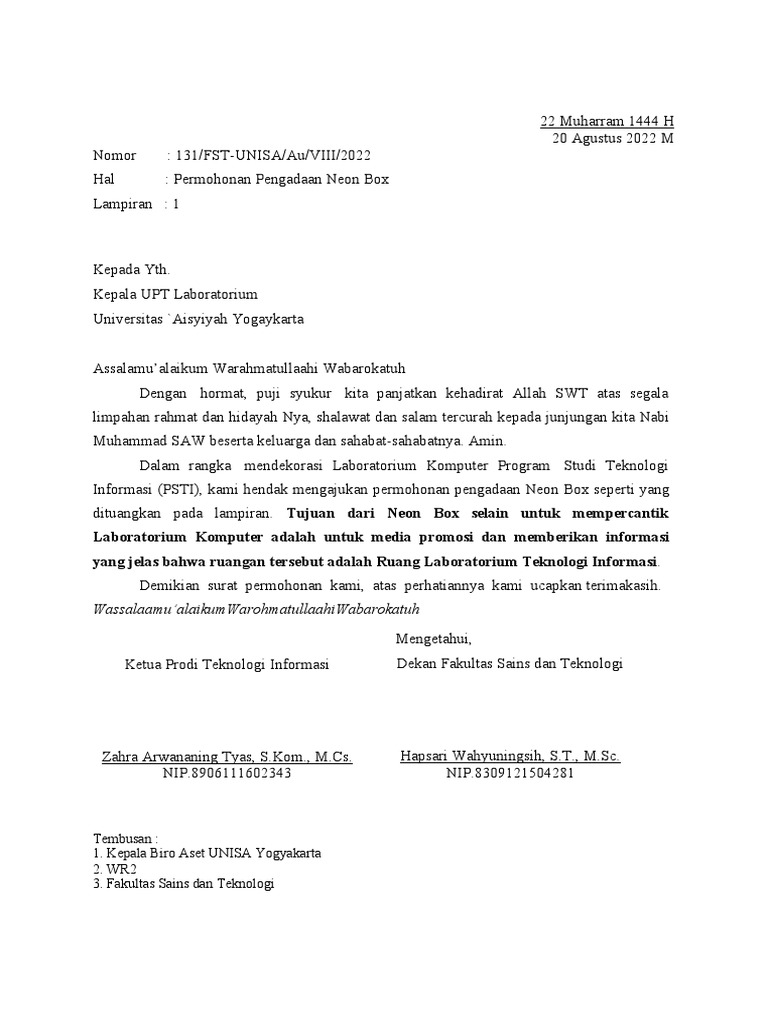 Permohonan Pengadaan Neon Box Laboratorium | PDF | Teknologi & Rekayasa