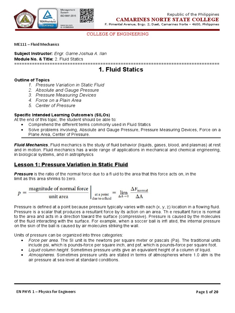 Week 2 Fluid Statics | PDF | Pressure | Pressure Measurement