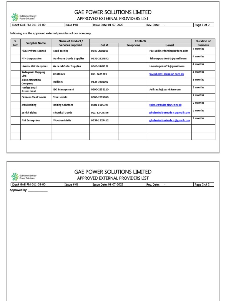 List of Approved External Suppliers and Service Providers for GAE Power ...