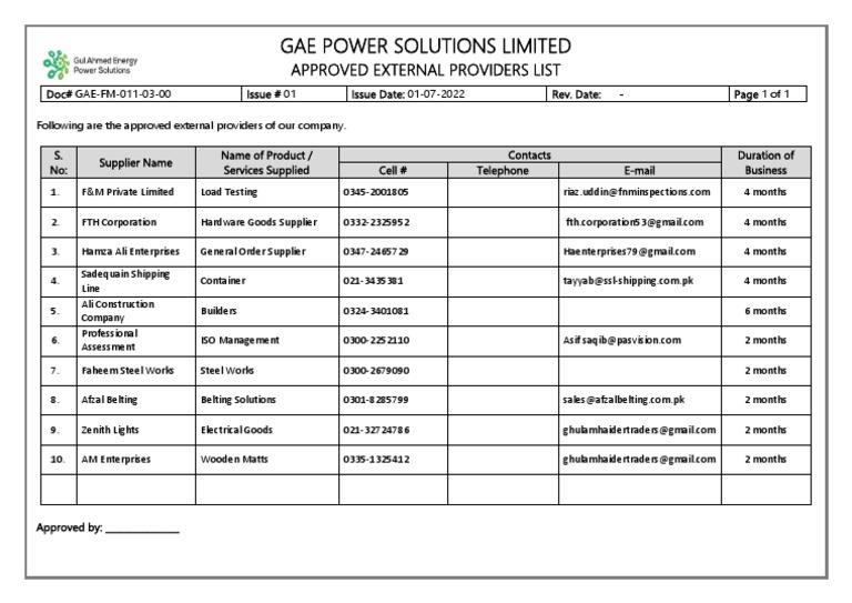 Approved External Providers List | PDF