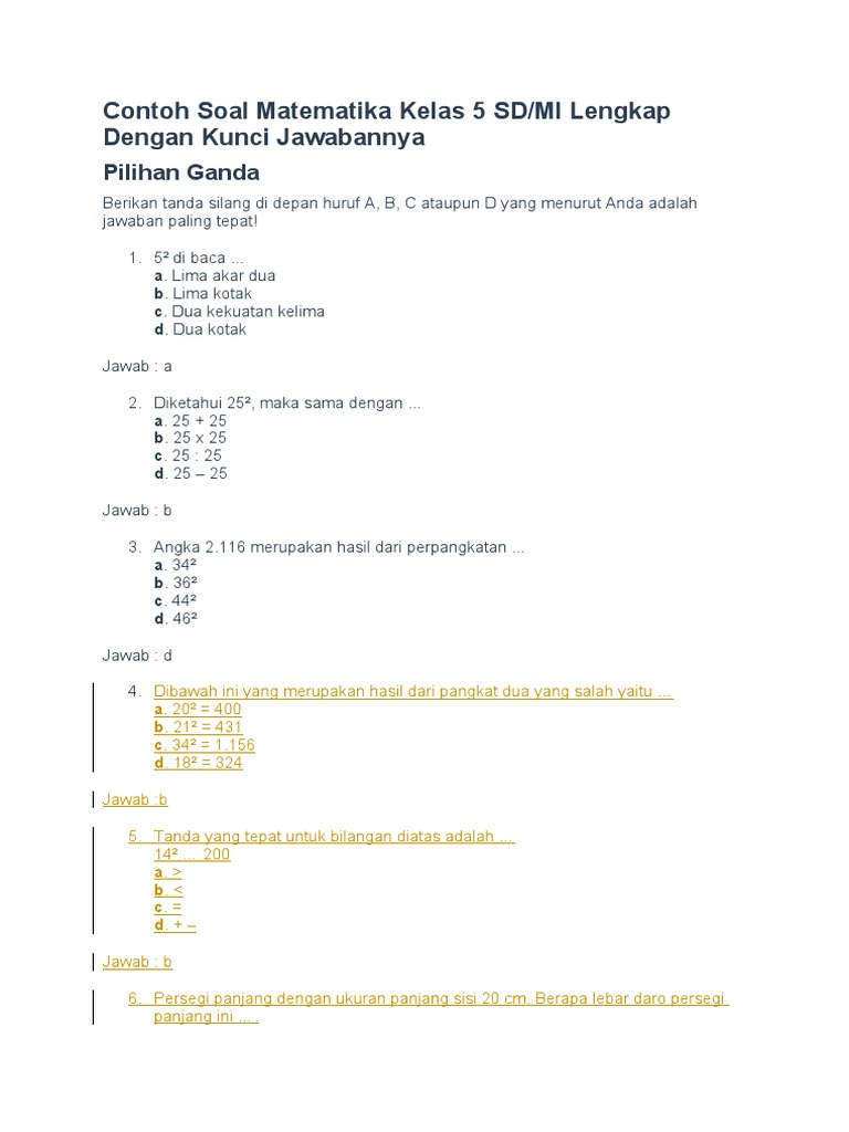 Contoh Soal Matematika Kelas 5 SD | PDF