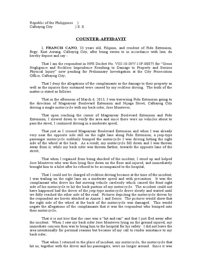 Counter-Affidavit FRANCIS CANO (Reckless Imprudence) | PDF | Motorcycle ...