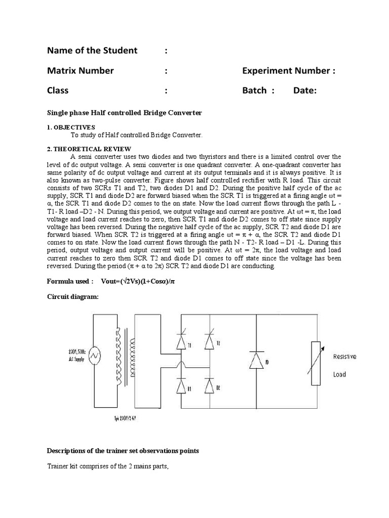 Half Controlled Bridge Converter Experiment | PDF | Rectifier | Diode