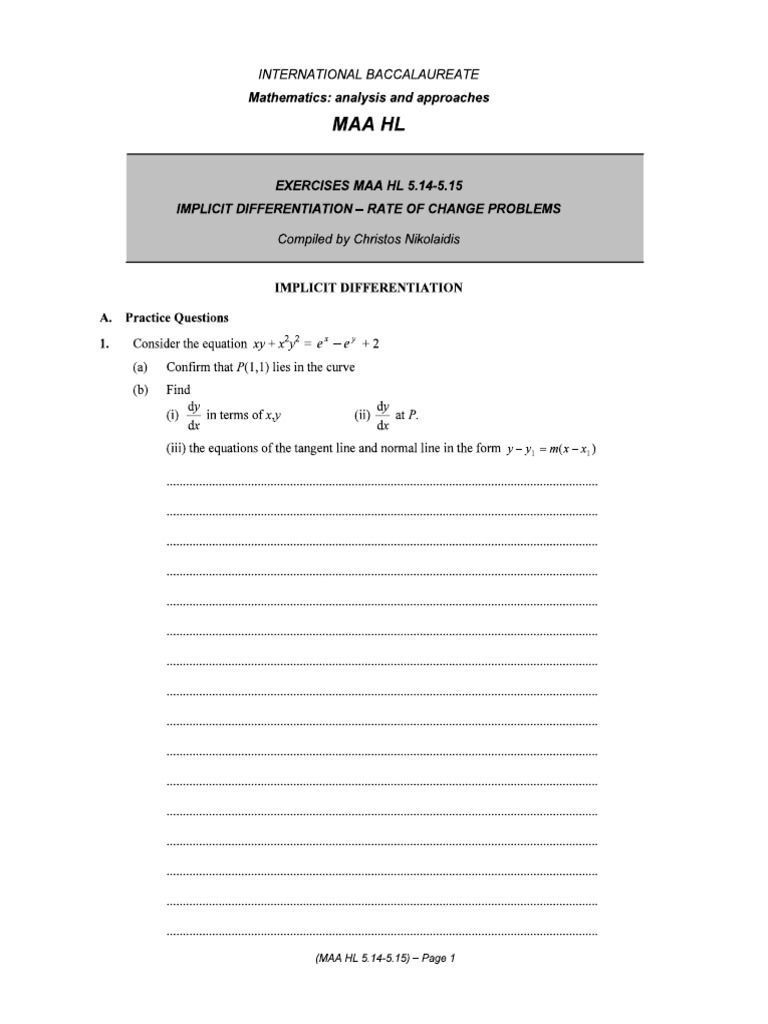 Implicit Differentiation - Practice Worksheet | PDF