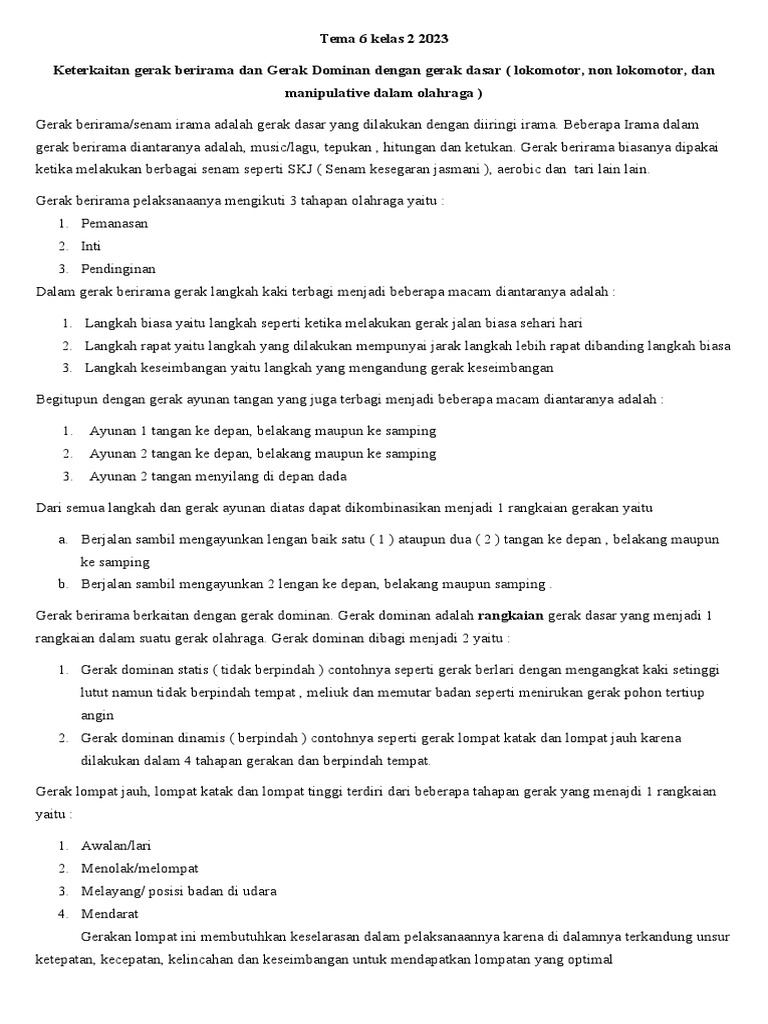 Rangkuman Tema 6 PJOK KELAS 2 | PDF