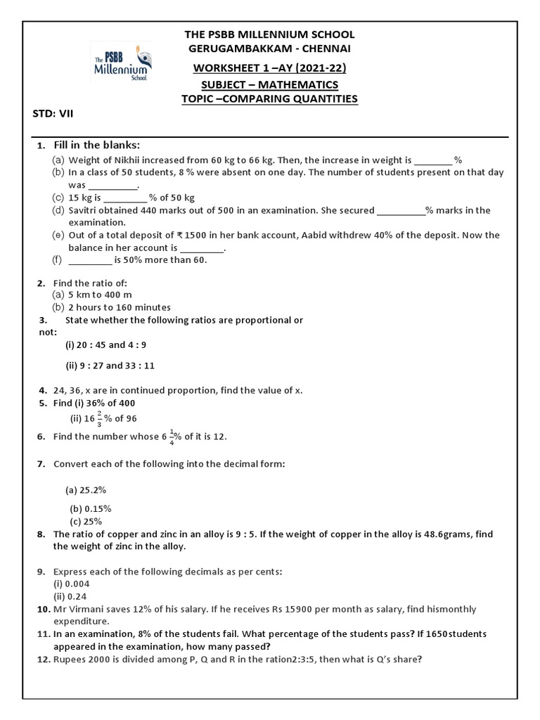Class 7 Comparing Quantities WS 11637592047 | PDF | Teaching Methods ...