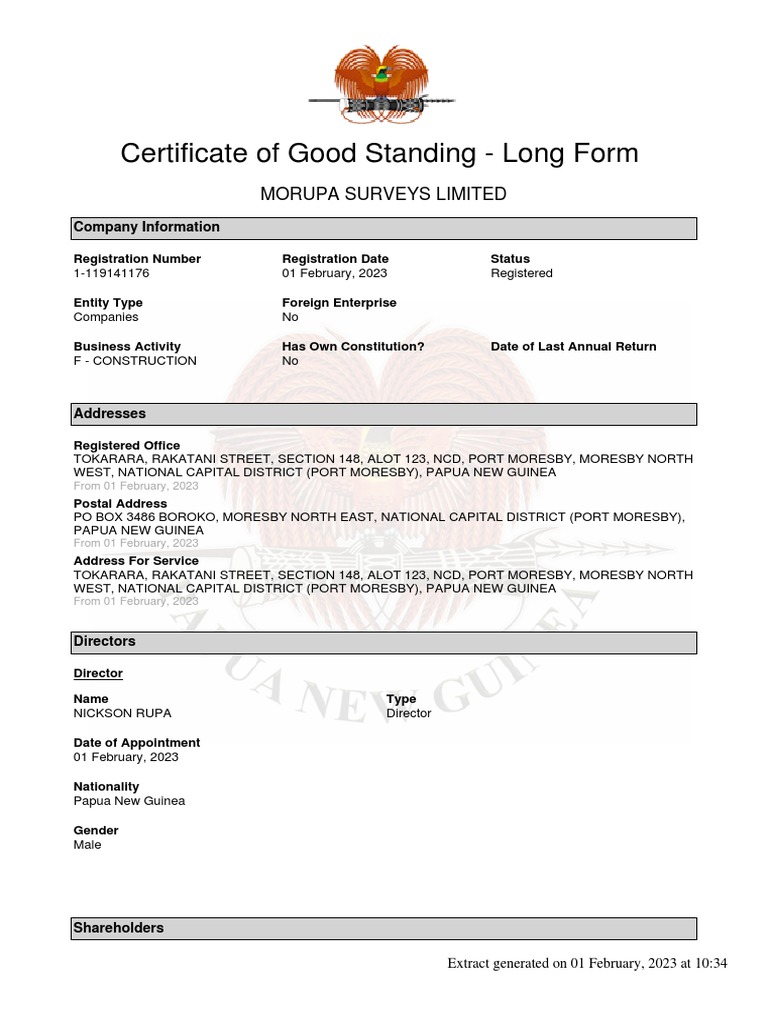 Certificate of Good Standing Local Company - Long Form | PDF