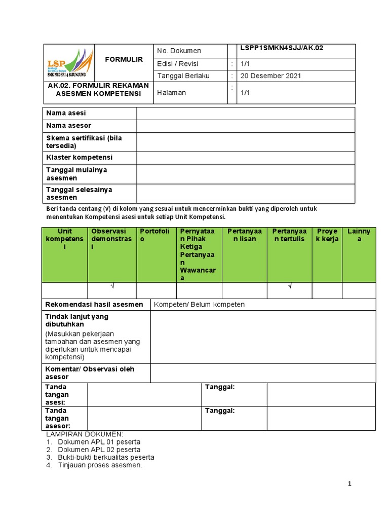8 FR - Ak.02. Formulir Rekaman Asesmen Kompetensi | PDF
