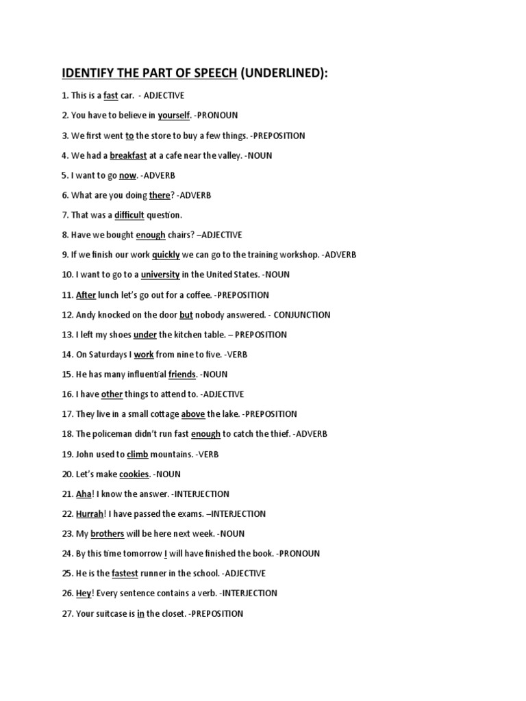 Parts of Speech Identification Test | PDF