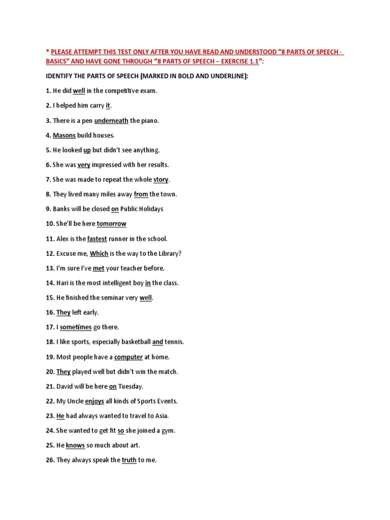 Parts of Speech Identification Test | PDF | Adverb | Verb
