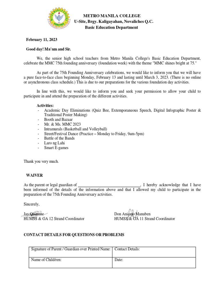 Parental Consent Form f2f Foundation Week Preparation | PDF