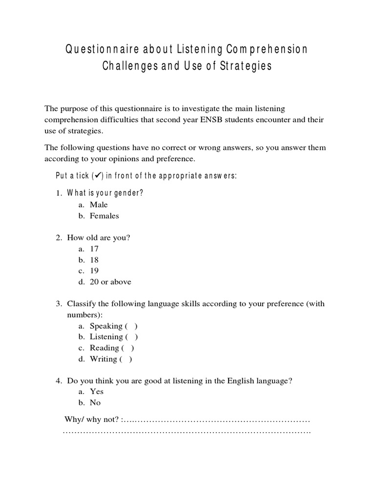 Questionnaire About Listening Comprehension Challenges and Use of Strategies 1 | PDF ...