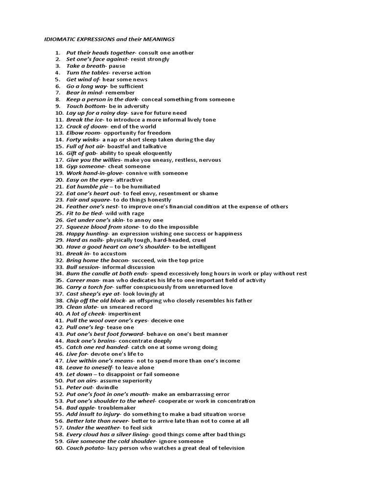 IDIOMATIC EXPRESSIONS and Their MEANINGS | PDF IDIOMATIC EXPRESSIONS and Their MEANINGS | PDF