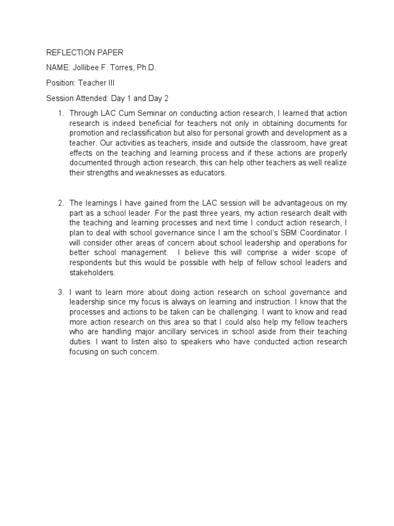 Reflection Paper - Lac Action Research | PDF