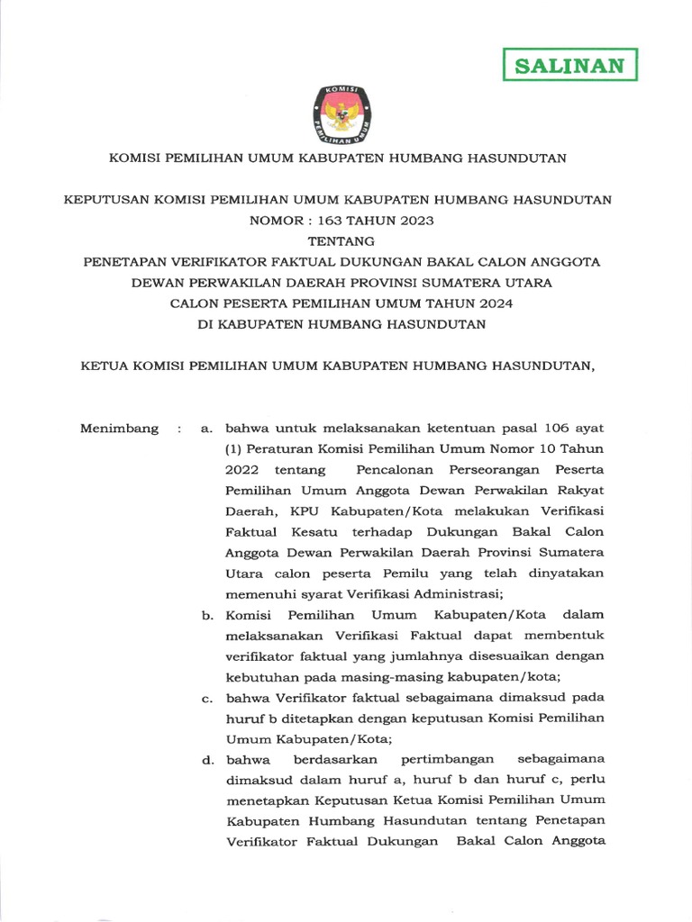 SK Kpu Nomor 163 Tahun 2023 | PDF