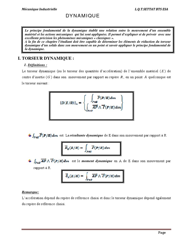Torseur Dynamique et Applications en Mécanique | PDF | Moment d'une ...