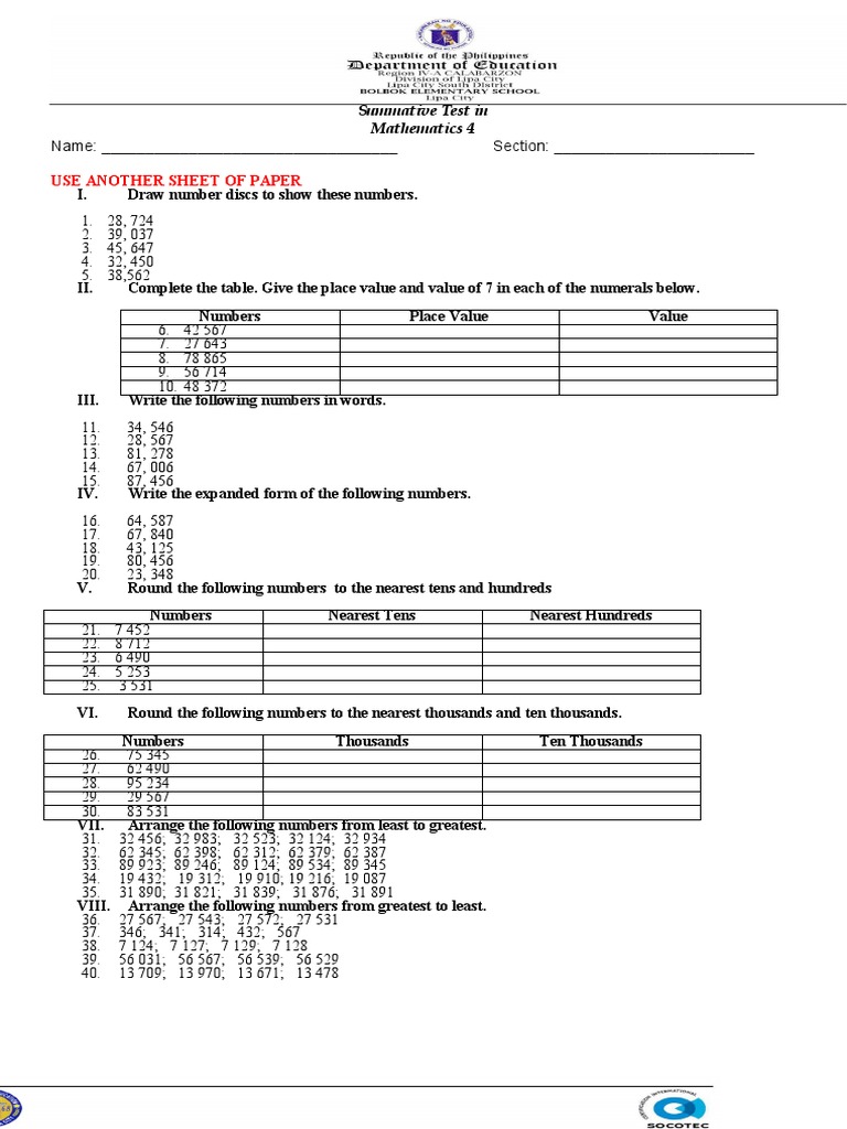 Summative Test in Math 4 - W1 2 | PDF