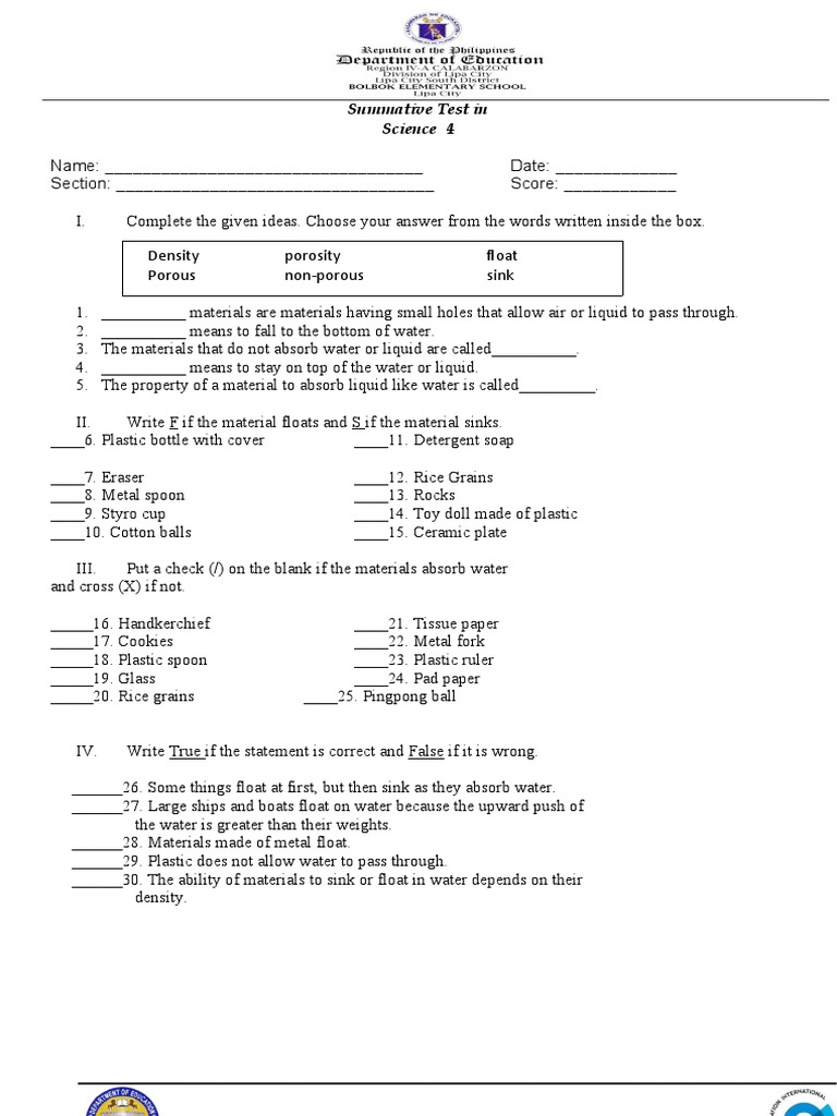 Summative Test in Science 4 - W1 2 | PDF