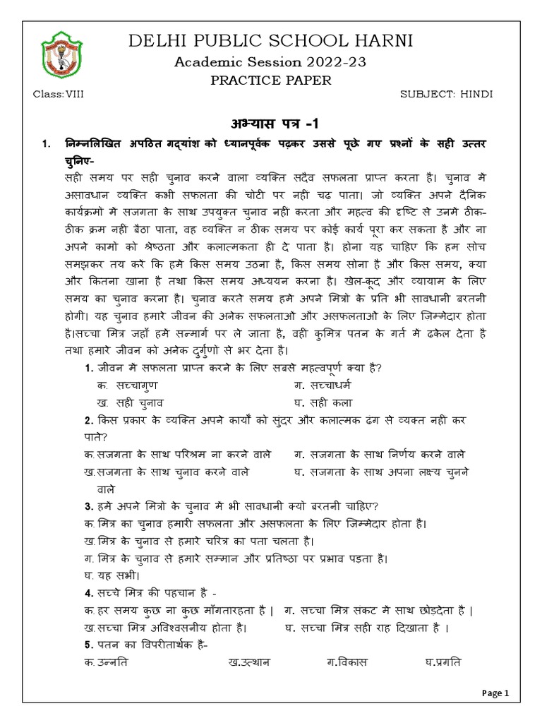 Practice Paper Viii Hindi | PDF
