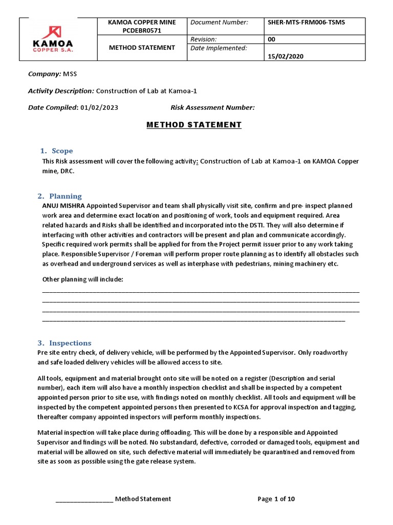 Method Statement - BC301 Construction Lab | PDF | Tools | Drill