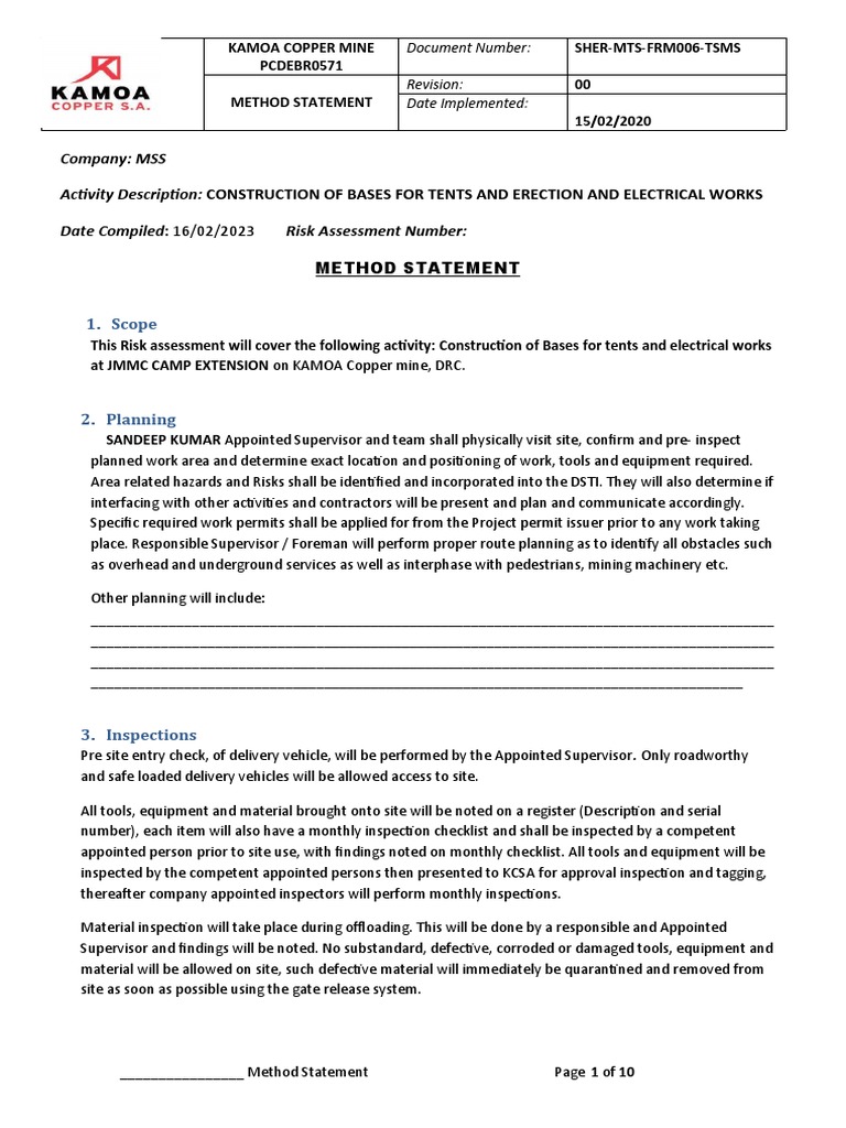Kamoa Method Statement Template 1231 | PDF | Tools | Drill