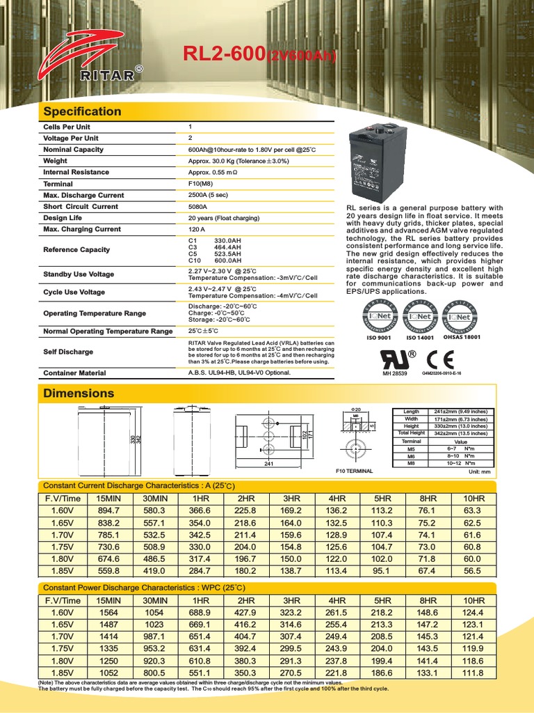 Specification: Constant Current Discharge Characteristics: A (25) | PDF ...