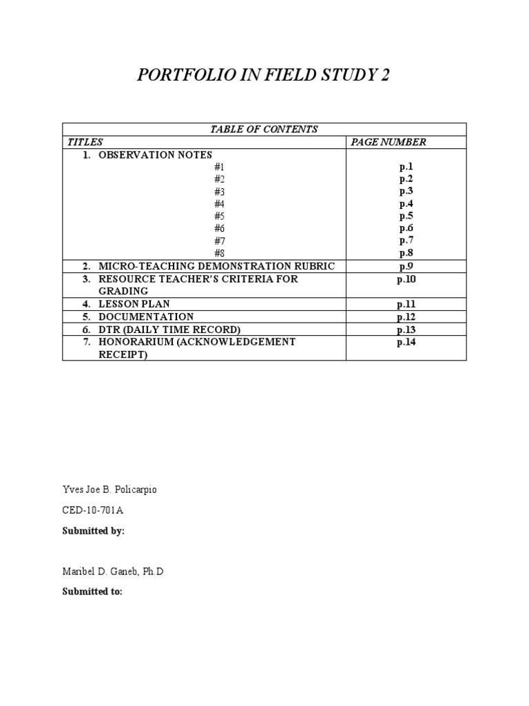 Portfolio in Field Study 2 Table of Contents | PDF
