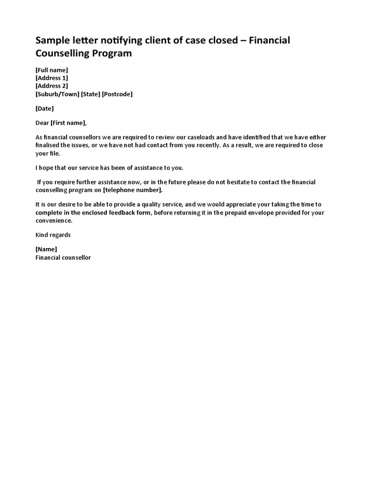 Financial Counselling Program Sample Letter Notifying Client of Case ...