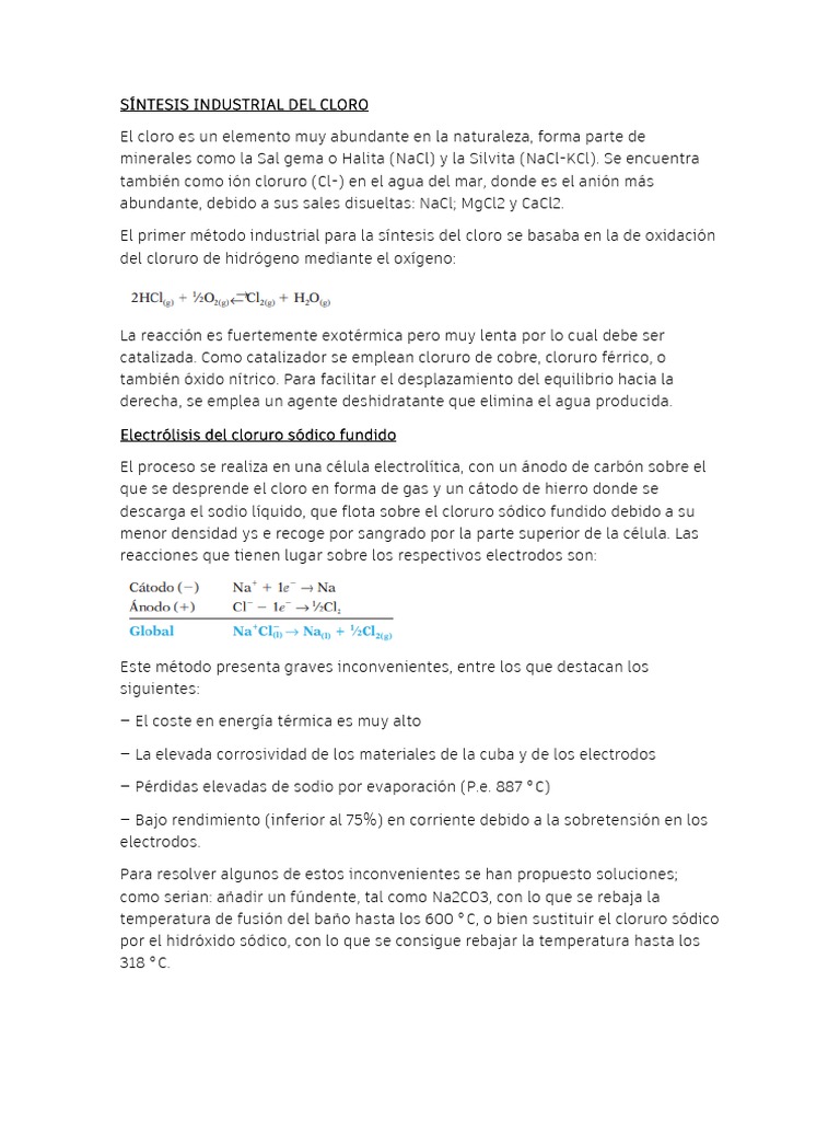 Síntesis Industrial Del Cloro | PDF | Hidróxido de sodio | Cloro