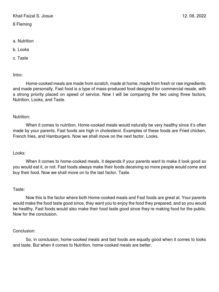 Home-Cooked Meals Vs Fast Foods | PDF | Wellness