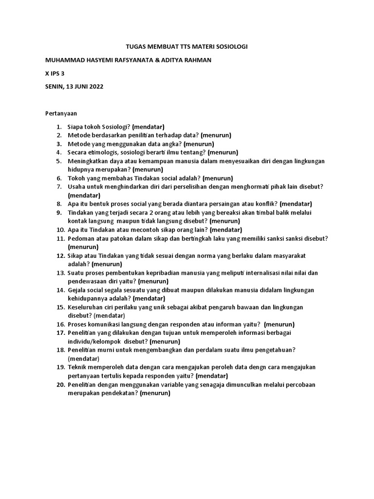 Tugas Membuat TTS Materi Sosiologi | PDF