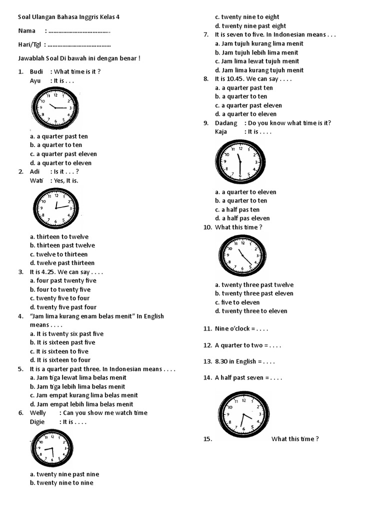 Soal Ulangan Bahasa Inggris Kelas 4 | PDF