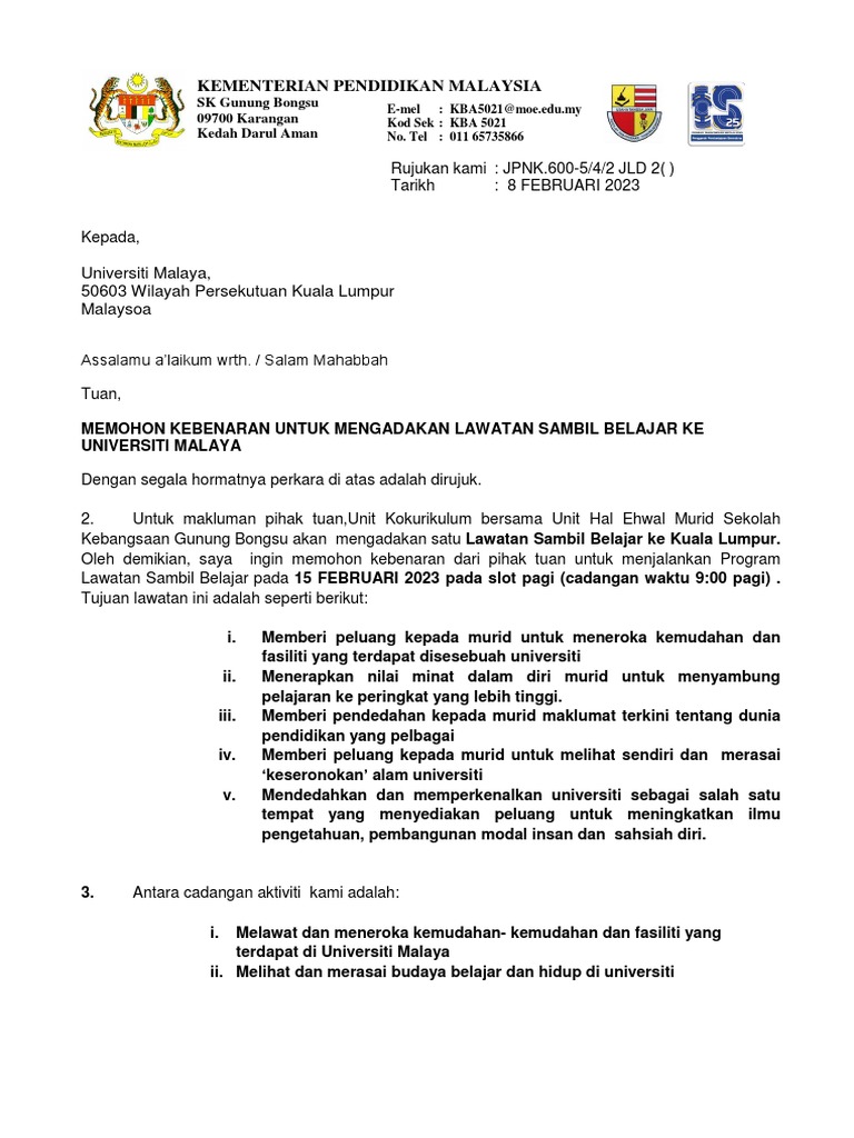 Surat Permohonan Lawatan Ke Universiti Malaya | PDF