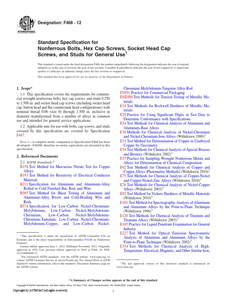 Astm F468-2012 | PDF | Screw | Bronze